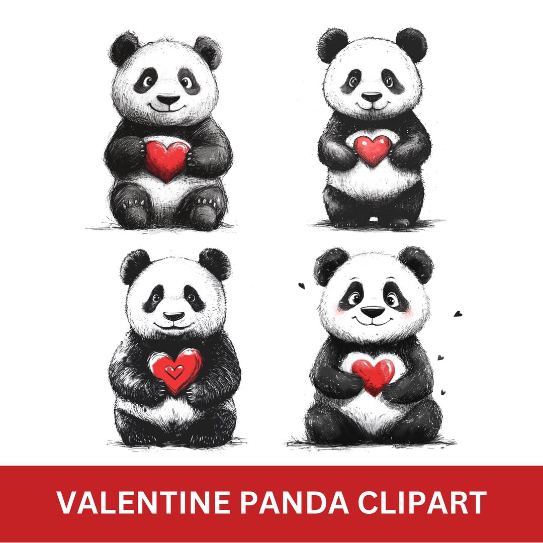 Panda Valentine Clipart, Panda PNG, Stationery Art, Printable, Print on ...