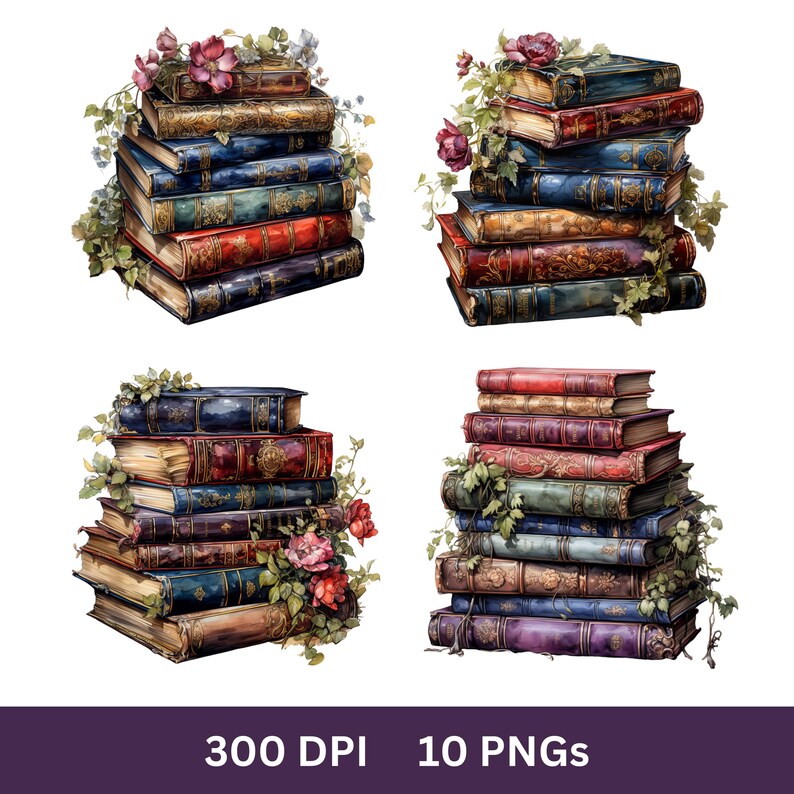 Victorian Book Stack Clipart: Watercolor Jewel Tones (digital Download ...