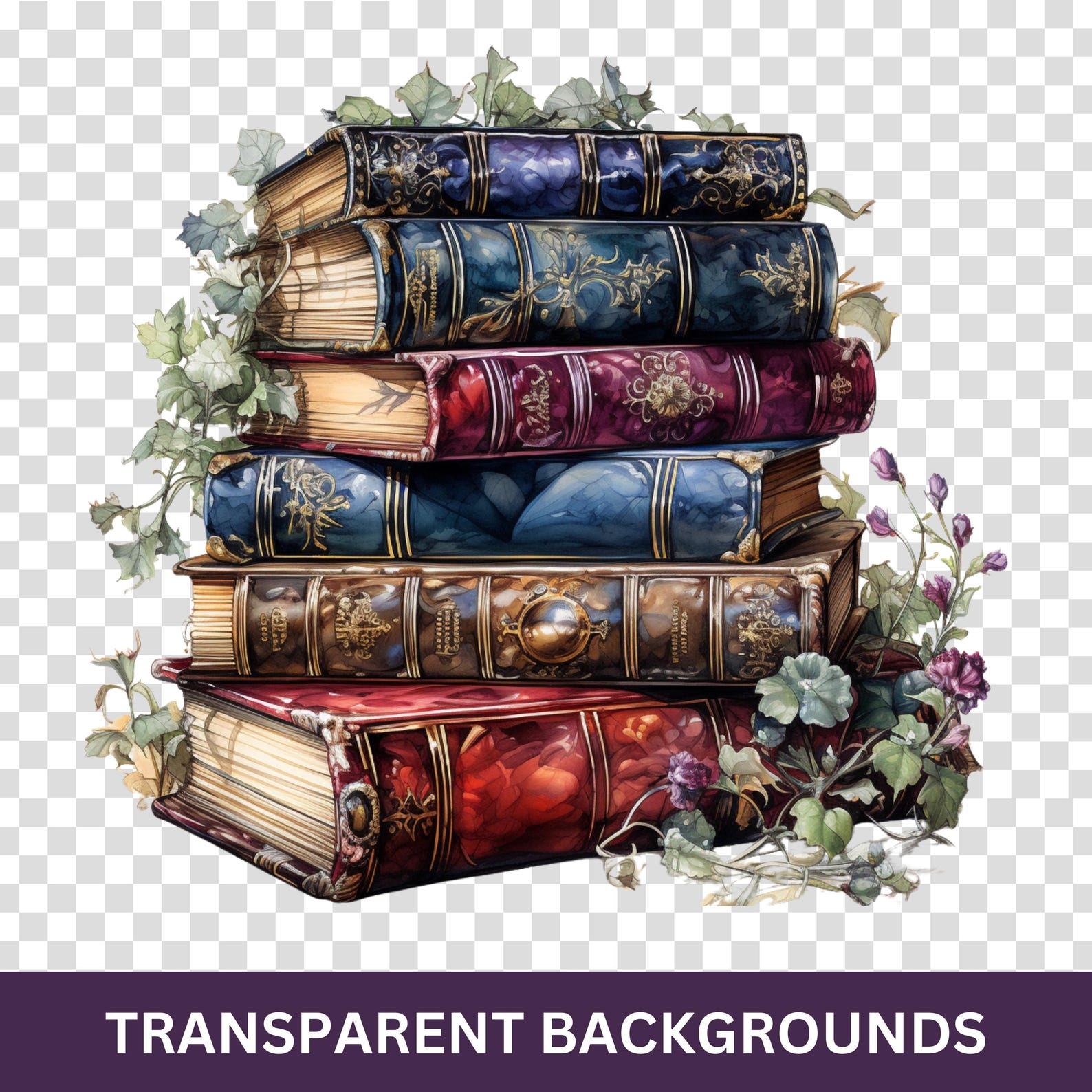 Victorian Book Stack Clipart: Watercolor Jewel Tones (digital Download ...