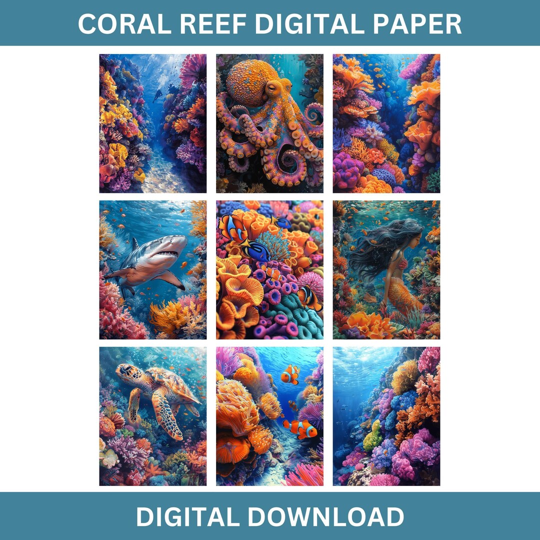 Coral Reef Digital Paper, Coral Reef Journal Pages, Under the Sea Scene ...