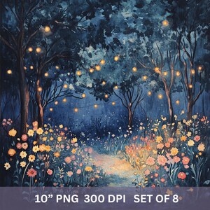 Fairy Forest Clipart: Watercolor Flowers, Lights PNG (digital Download ...