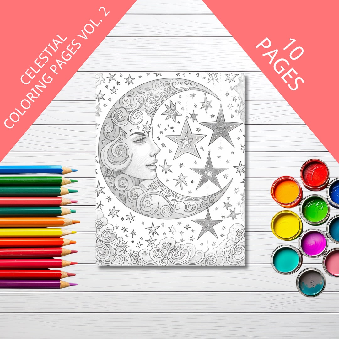 Celestial Coloring Pages Vol 2, Moon and Stars Coloring Pages, Mindful ...
