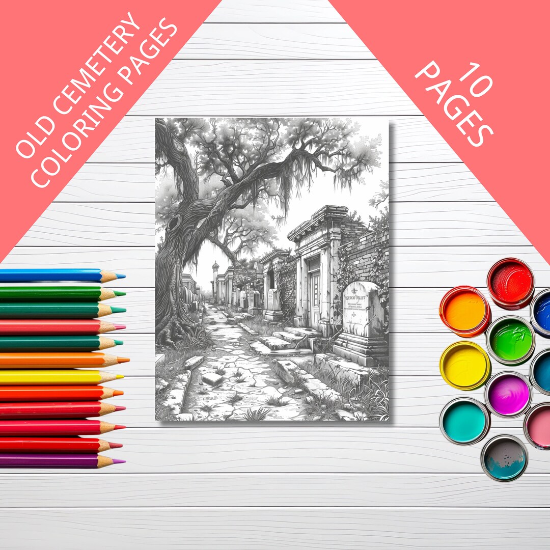 Halloween Coloring Pages, Cemetery Coloring Pages, Gothic Adult ...