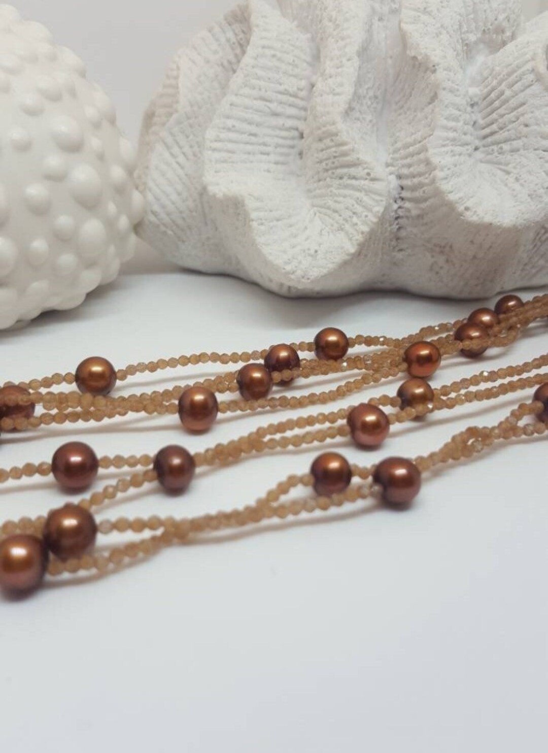 Endless Chain of Brown Genuine Freshwater Pearls and Faceted Real Agate ...