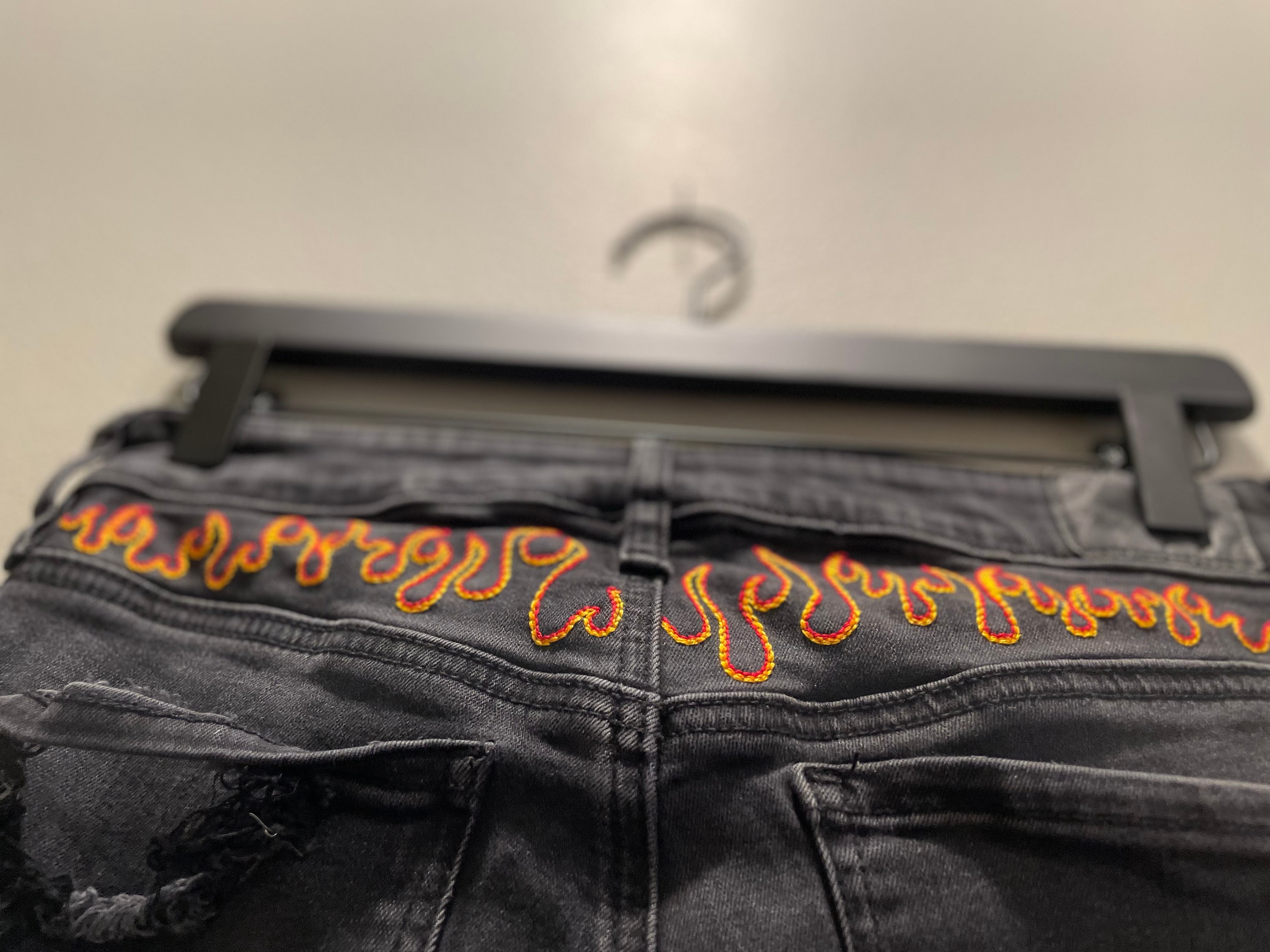 Hand Embroidered Flames on Upcycled Hi-rise American Eagle Black ...