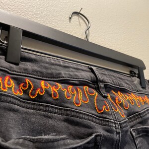 Hand Embroidered Flames on Upcycled Hi-rise American Eagle Black ...