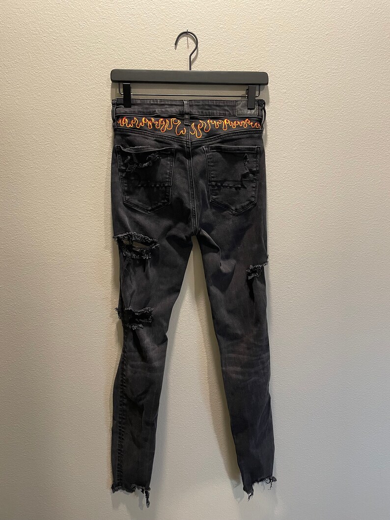 Hand Embroidered Flames on Upcycled Hi-rise American Eagle Black ...