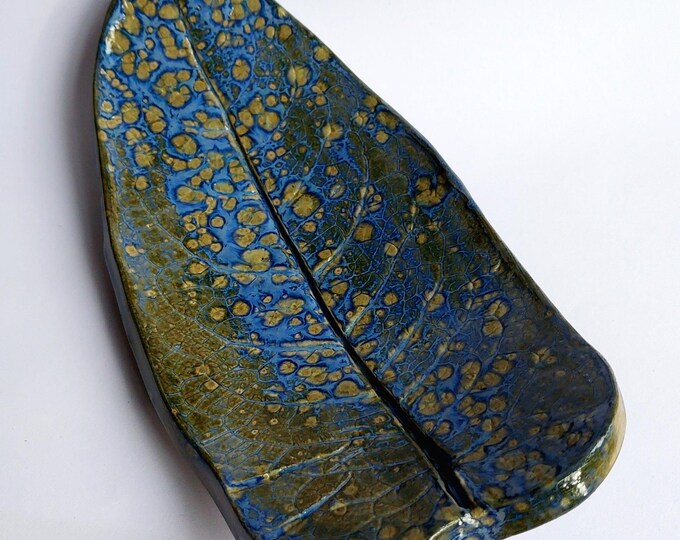 Blue Green Grey Hand Built Autumn Leaf Ceramic Trinket Dish Decorative ...