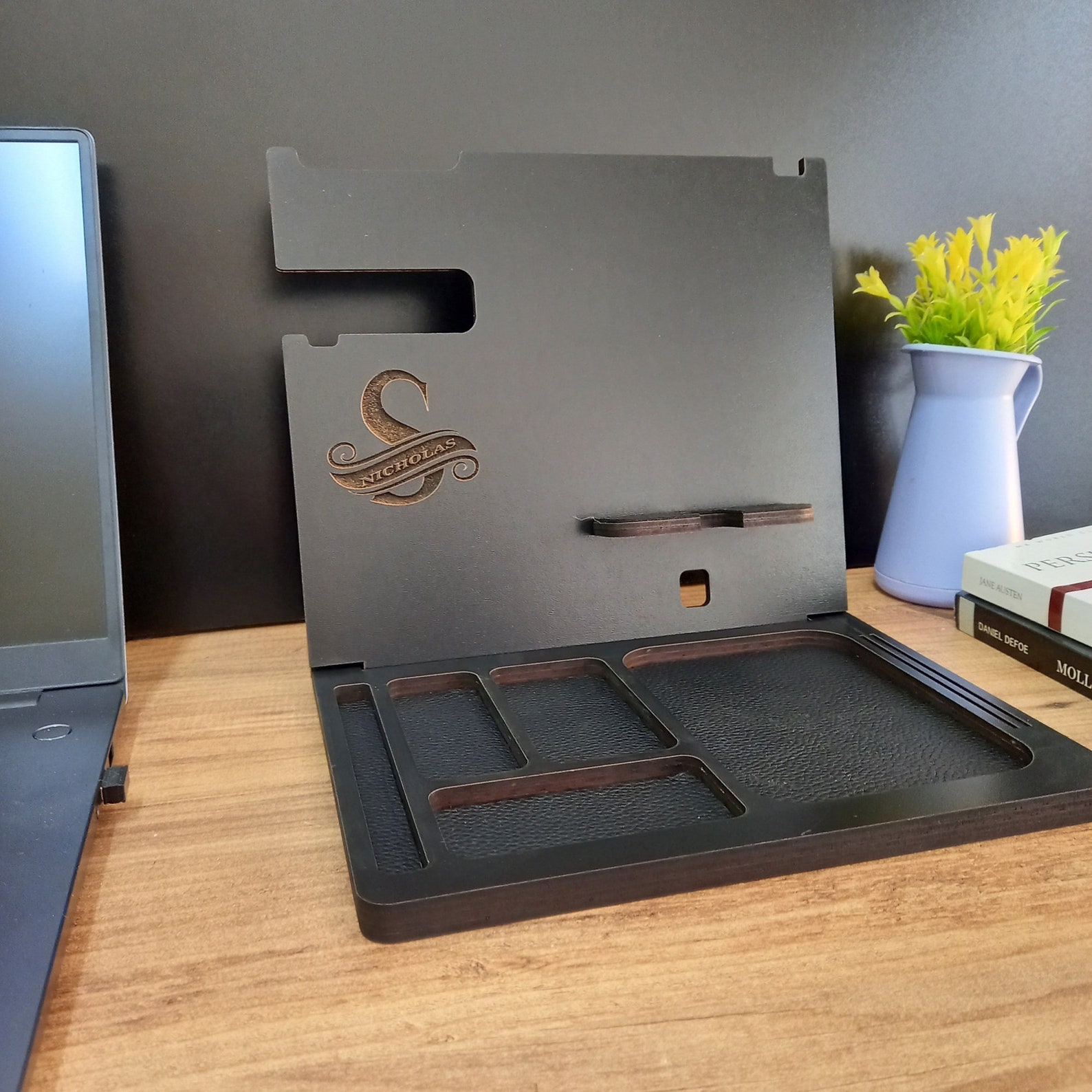 Personalized Wooden Organizer Mens Custom Wallet Stand Wood | Etsy