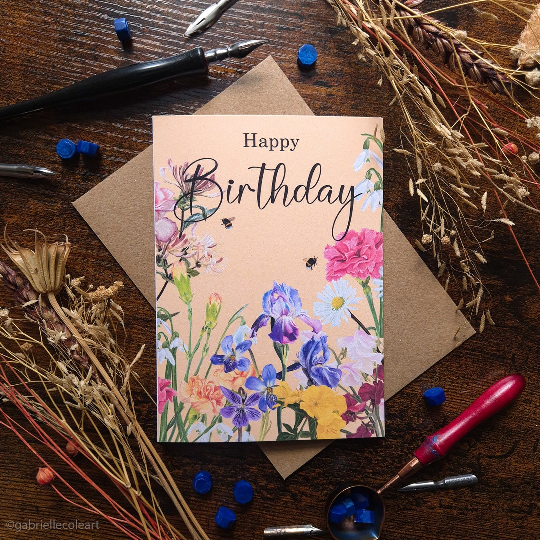 Happy Birthday Card Bumblebees and Flowers Flowers Birth Flowers A6 ...