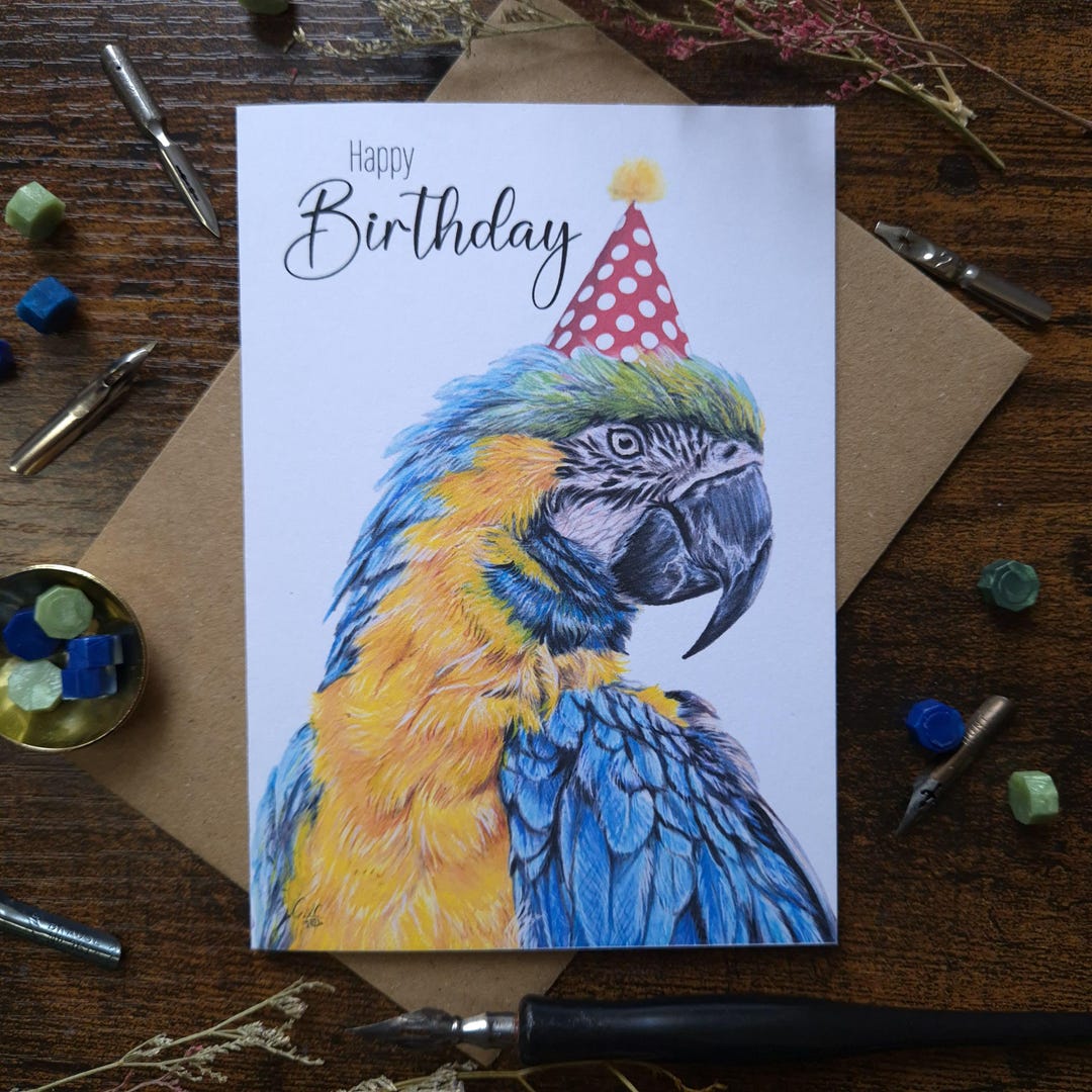 Happy Birthday | Blue-and-yellow Macaw | Macaw in A Party Hat | A6 ...