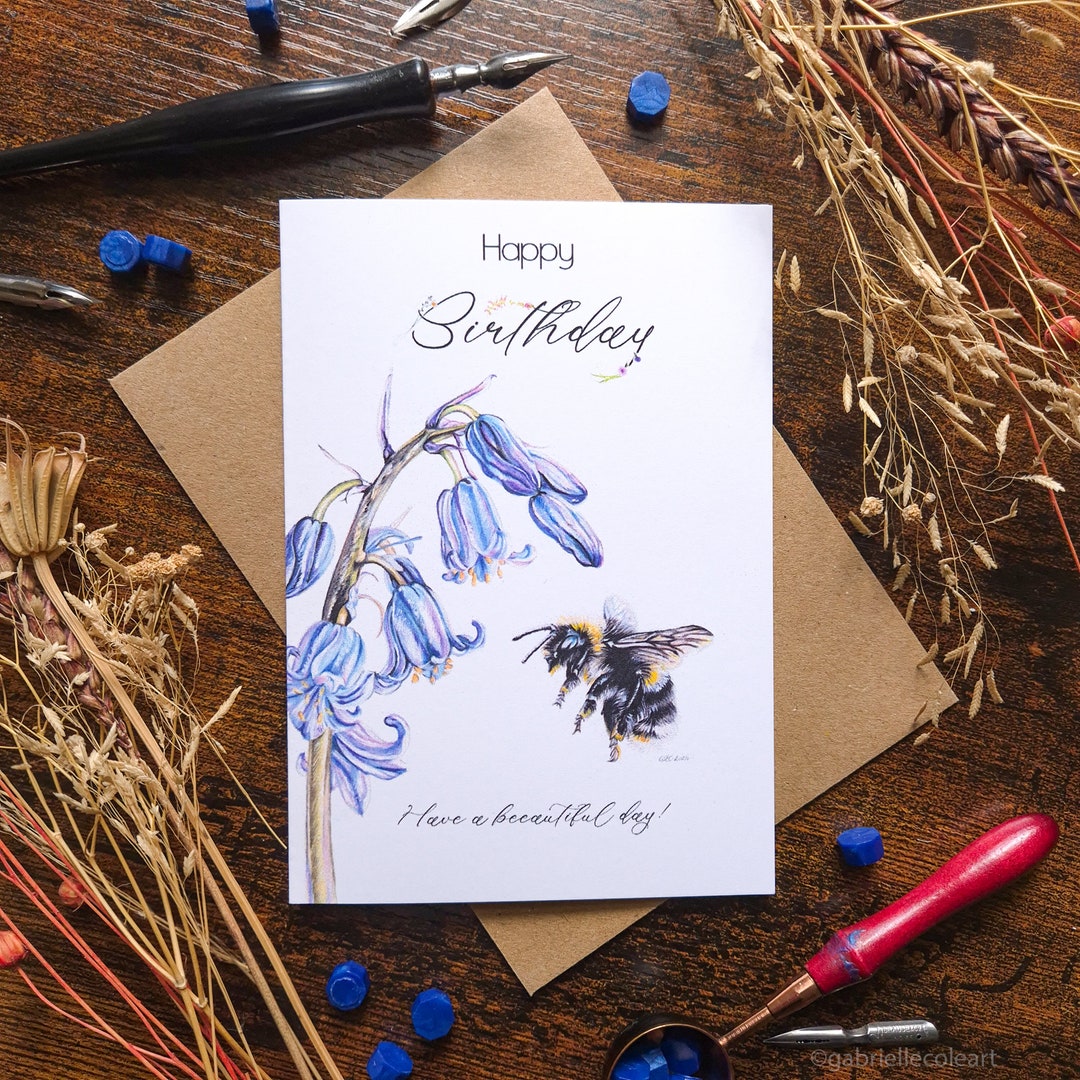 Happy Birthday Card | Bumblebee and Bluebells | Flowers | A6 Blank Card ...