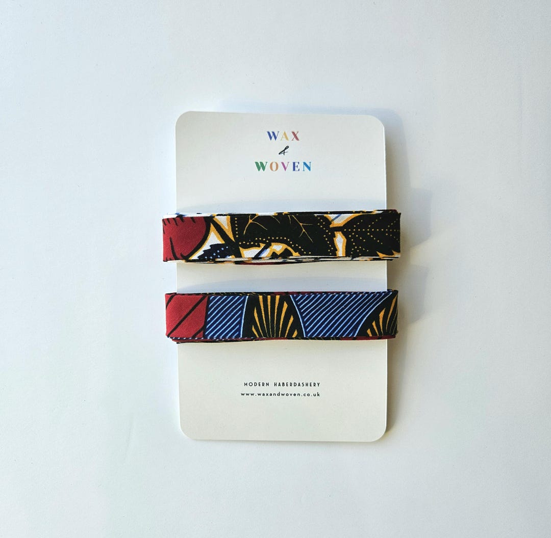 Set of 2 African Wax Red & Blue Themed Fabric Bias Binding. 5 Metres X ...
