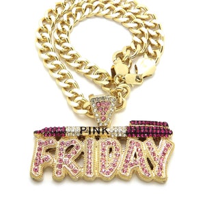 Ice Out Hip Hop Pink Friday Pendant 9mm/18" Cuban Chain Necklace - Etsy