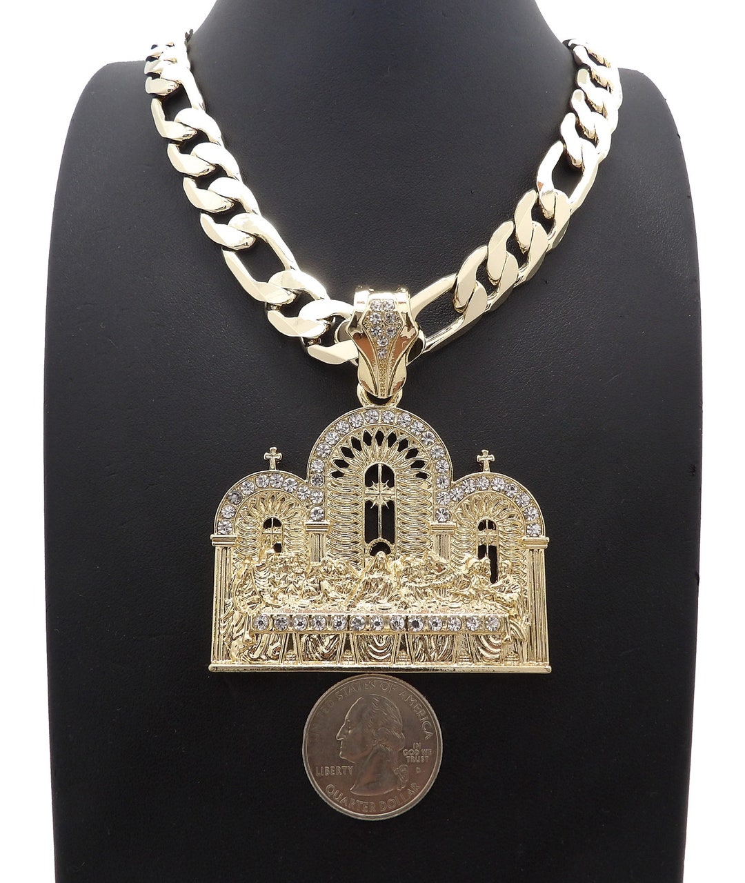 Iced Cubic Zirconia Last Supper Charm 12mm/20" Gold Plated Figaro Chain ...