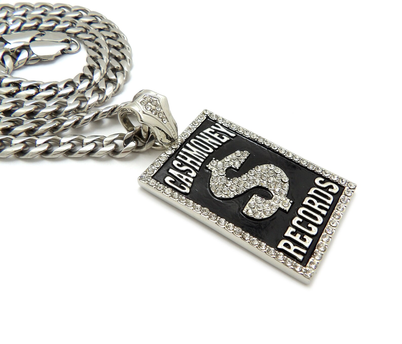 Iced Out Cash Money Records Pendant 9mm/24",30" Stainless Steel Cuban ...