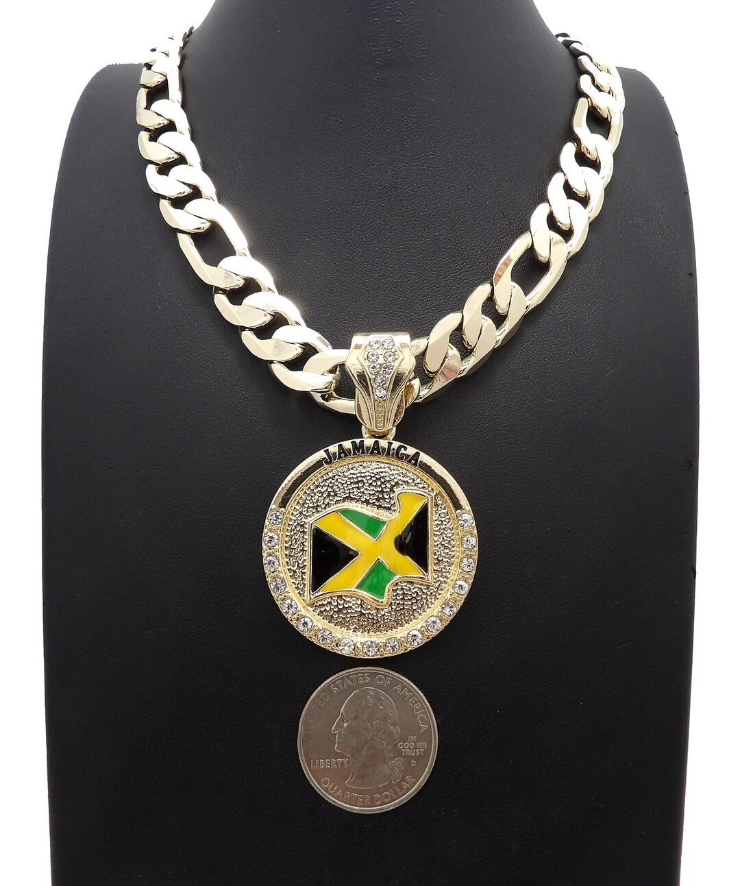 Iced Cubic Zirconia Jamaica Flag Charm 12mm/20" Gold Plated Figaro ...