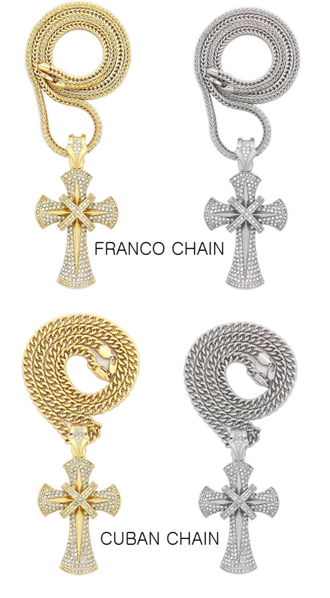 New Iced Out Cross Pendant 4m Franco or 6mm/18",20",24",30" Cuban Hip ...