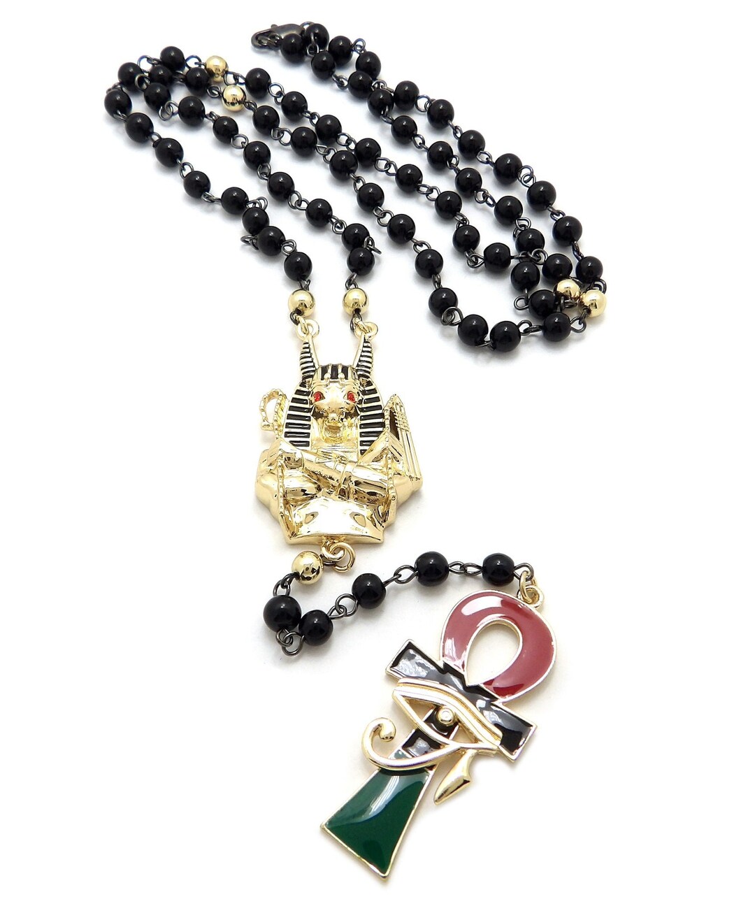 Anubis & Ankh With Eye of Heru Pendant 6mm/30" Black Glass Bead Chain ...