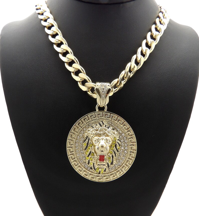 Iced Bling King Lion Round Pendant 11mm/18",20",24" Cuban Chain Hip Hop ...