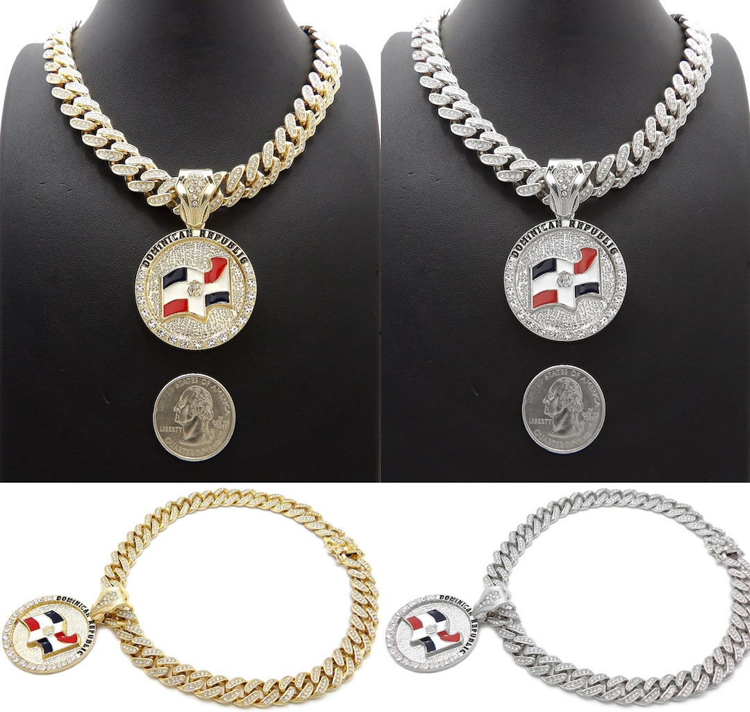 Iced Dominican Republic Flag Round Pendant 12mm/18" or 20" Box Lock ...