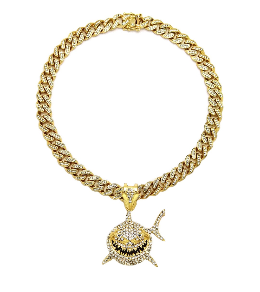 New Iced Shark Pendant 12mm/16",18",20" Box Lock Cuban Chain Fashion ...