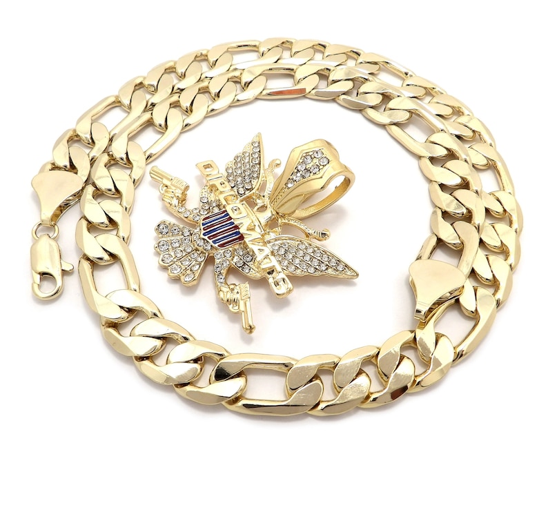 Iced Cubic Zirconia Dipset Diplomats Charm 12mm/20" Gold Plated Figaro ...