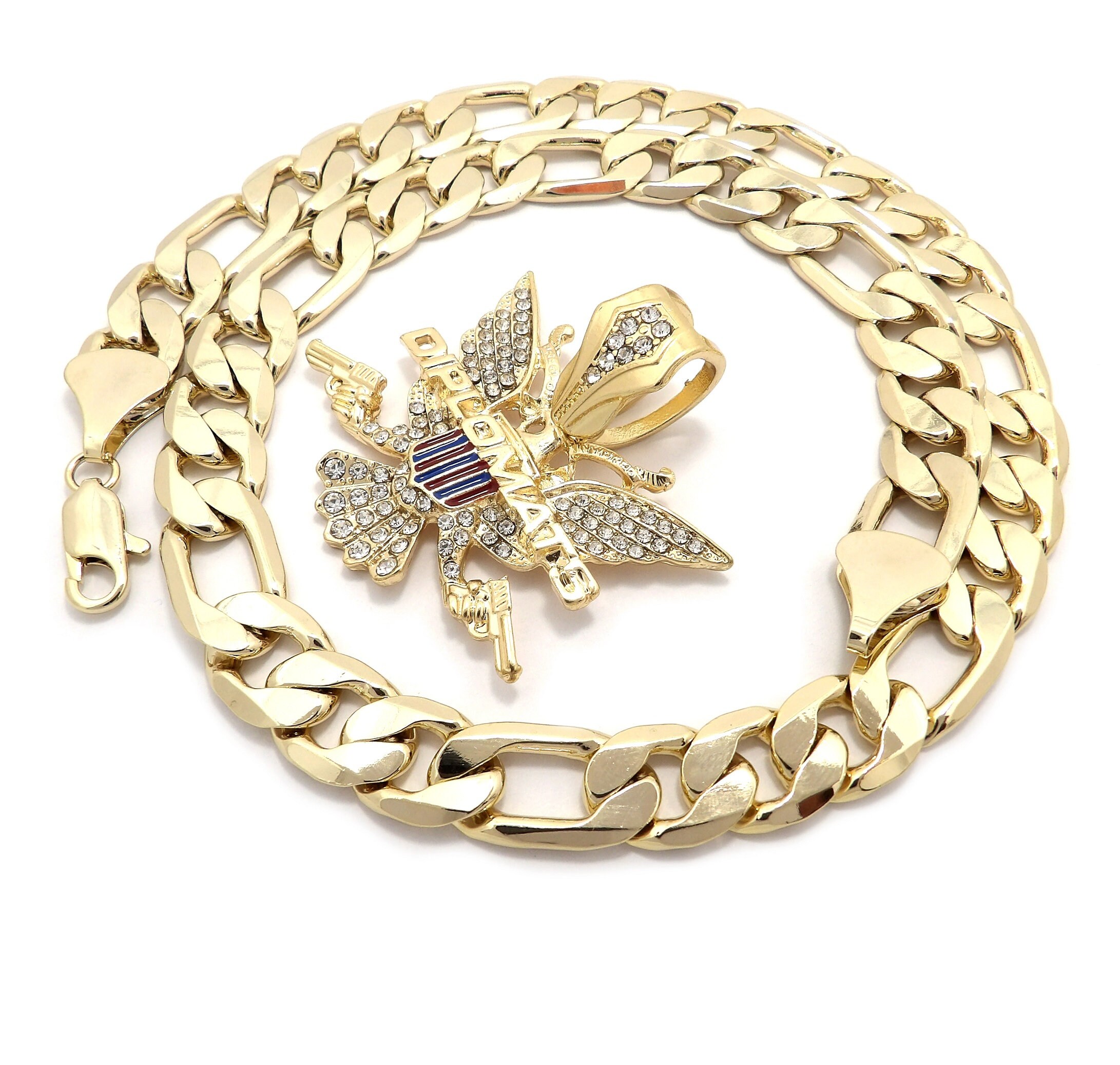 Iced Cubic Zirconia Dipset Diplomats Charm 12mm/20" Gold Plated Figaro ...