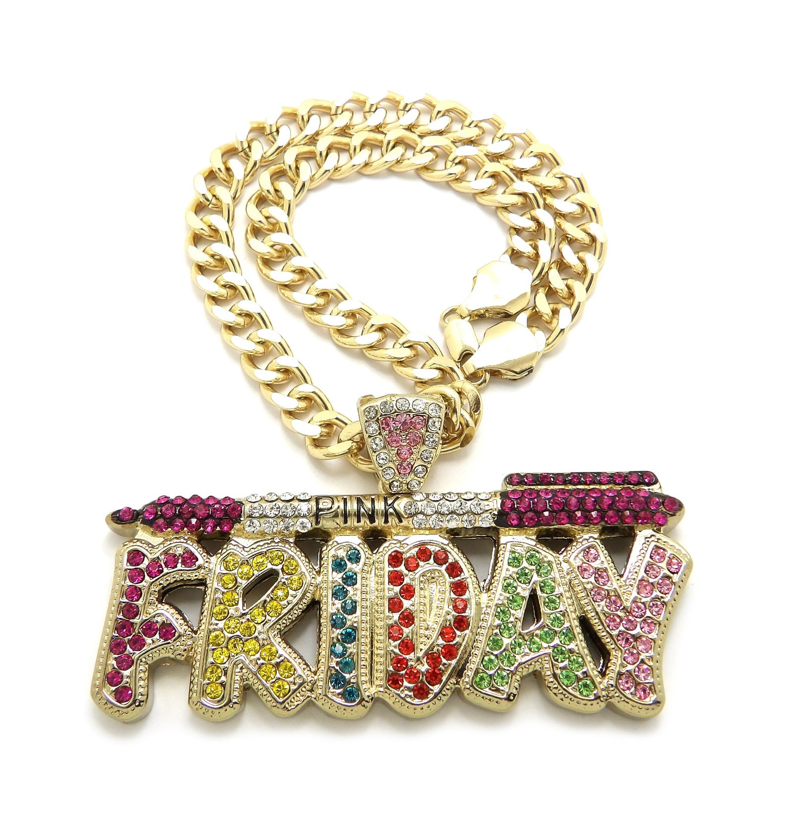 Ice Out Hip Hop Pink Friday Pendant 9mm/18" Cuban Chain Necklace - Etsy