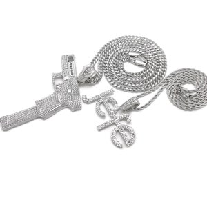 Iced Out Glizzy Gang Gun 4mm/24" Cuban & Jefe 3mm/20" Rope Chain Hip ...