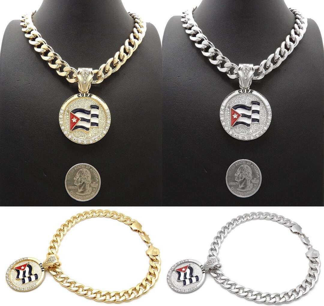 Iced Cuba Flag Round Pendant 11mm/18" or 20" Cuban Chain Necklace - Etsy