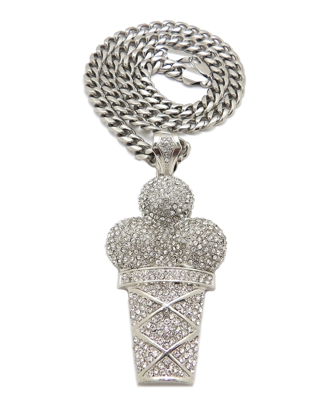Iced Out Ice Cream Corn Pendant 9mm/24",30" Stainless Steel Cuban Chain ...