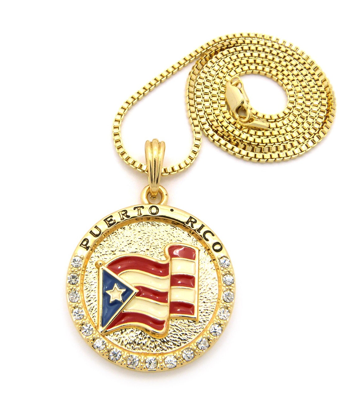 Iced Puerto Rico Map Round Pendant 24" Figaro, Cuban, Box Chain Fashion ...