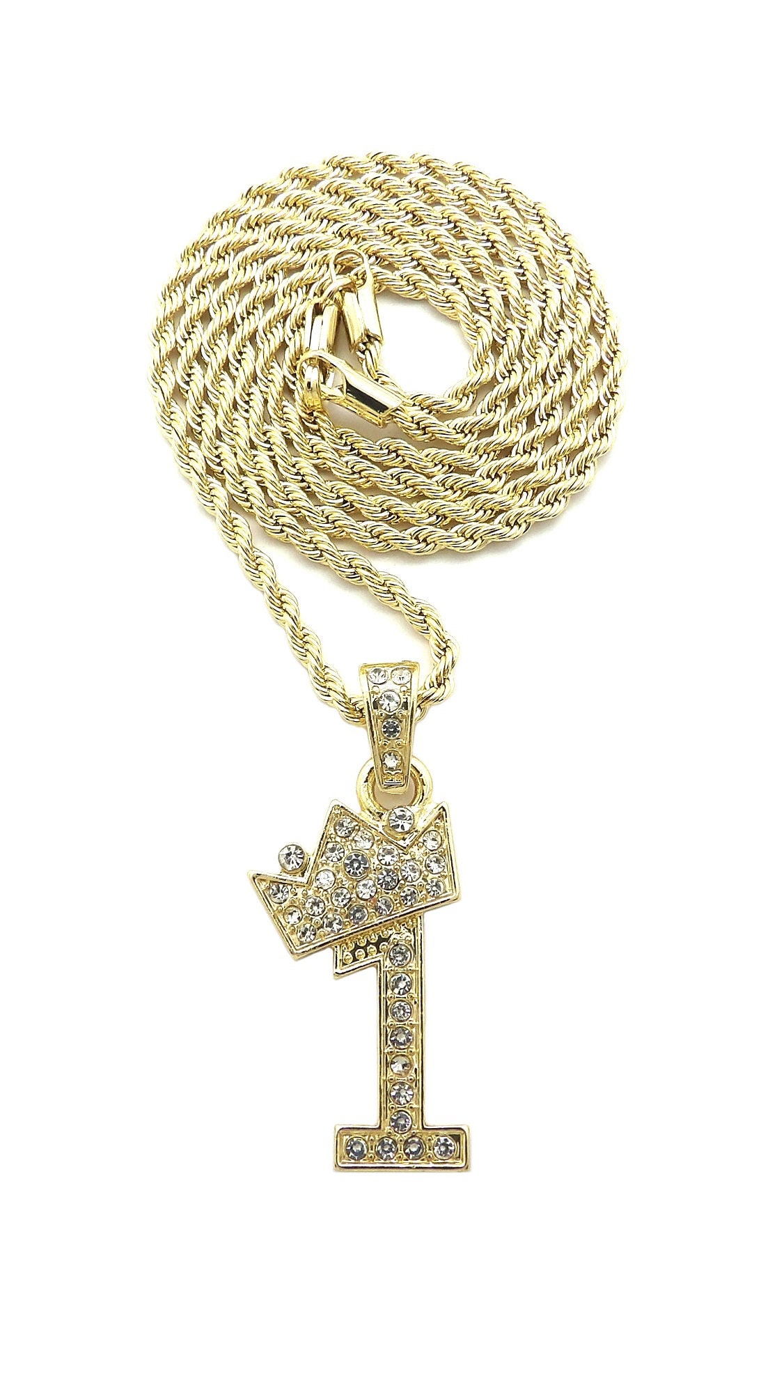 Ice Out Number 1 to 9 Crown Pendant 2mm/24" Rope Chain Fashion Necklace ...
