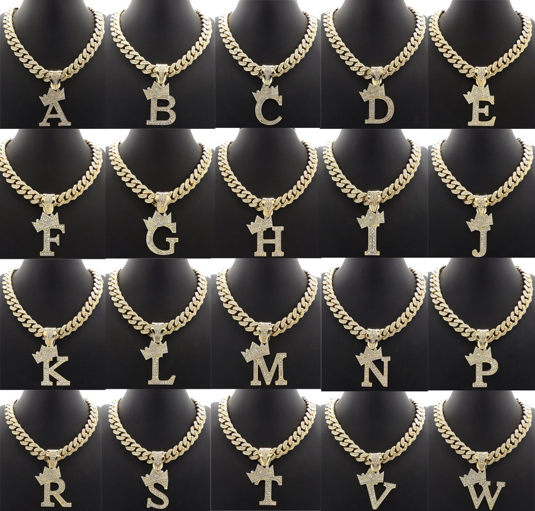 Ice Out Initial Alphabet Letter Gold Pendant 12mm/18" Box Lock Iced Out ...