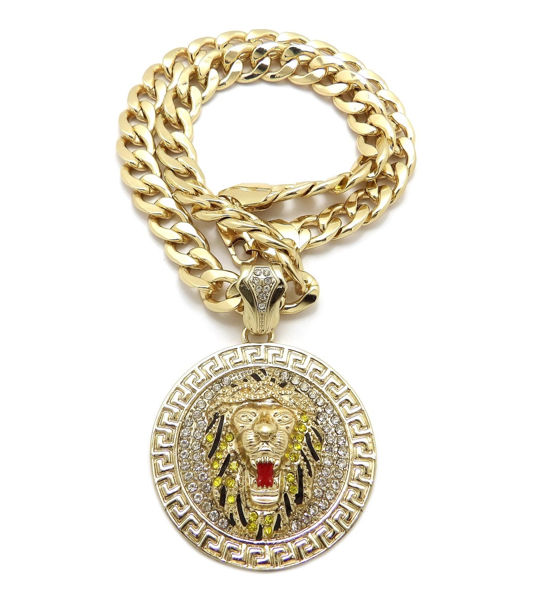 Iced Bling King Lion Round Pendant 11mm/18",20",24" Cuban Chain Hip Hop ...