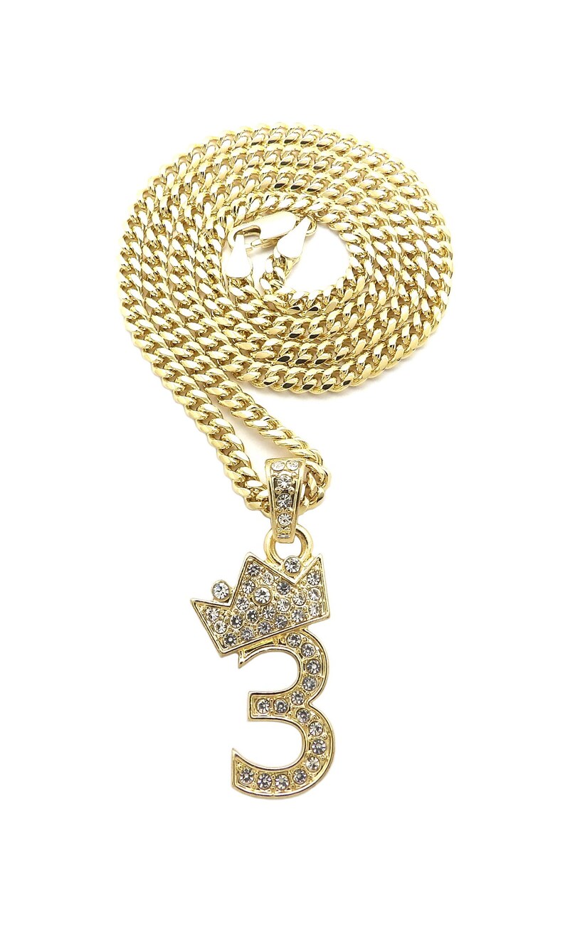Iced Out Number 1 to 9 Crown Pendant 3mm/24" Cuban Chain Fashion ...