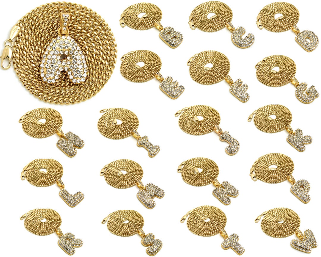 Ice Out Bubble Initial Alphabet Letter Pendant 3mm/24" Cuban Chain ...