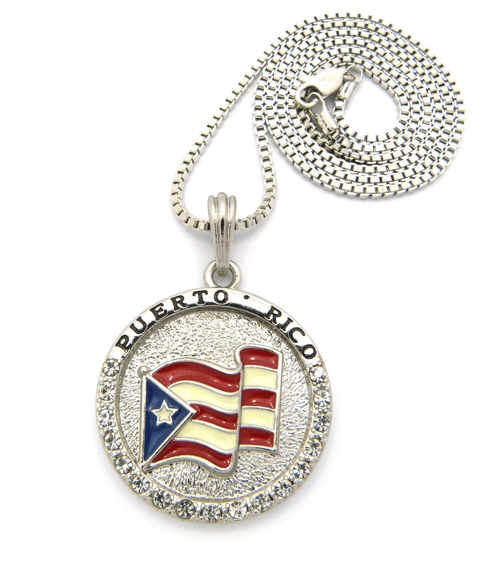 Iced Puerto Rico Map Round Pendant 24" Figaro, Cuban, Box Chain Fashion ...