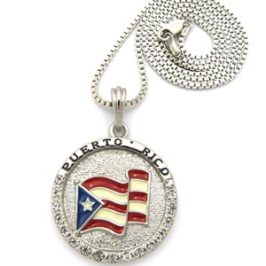 Iced Puerto Rico Map Round Pendant 24" Figaro, Cuban, Box Chain Fashion ...