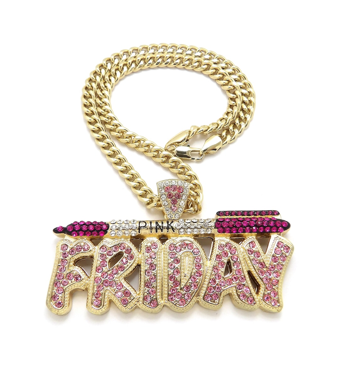 Women's Fashion Ice Out Hip Hop Pink Friday Pendant 6mm/18" Cuban Chain ...