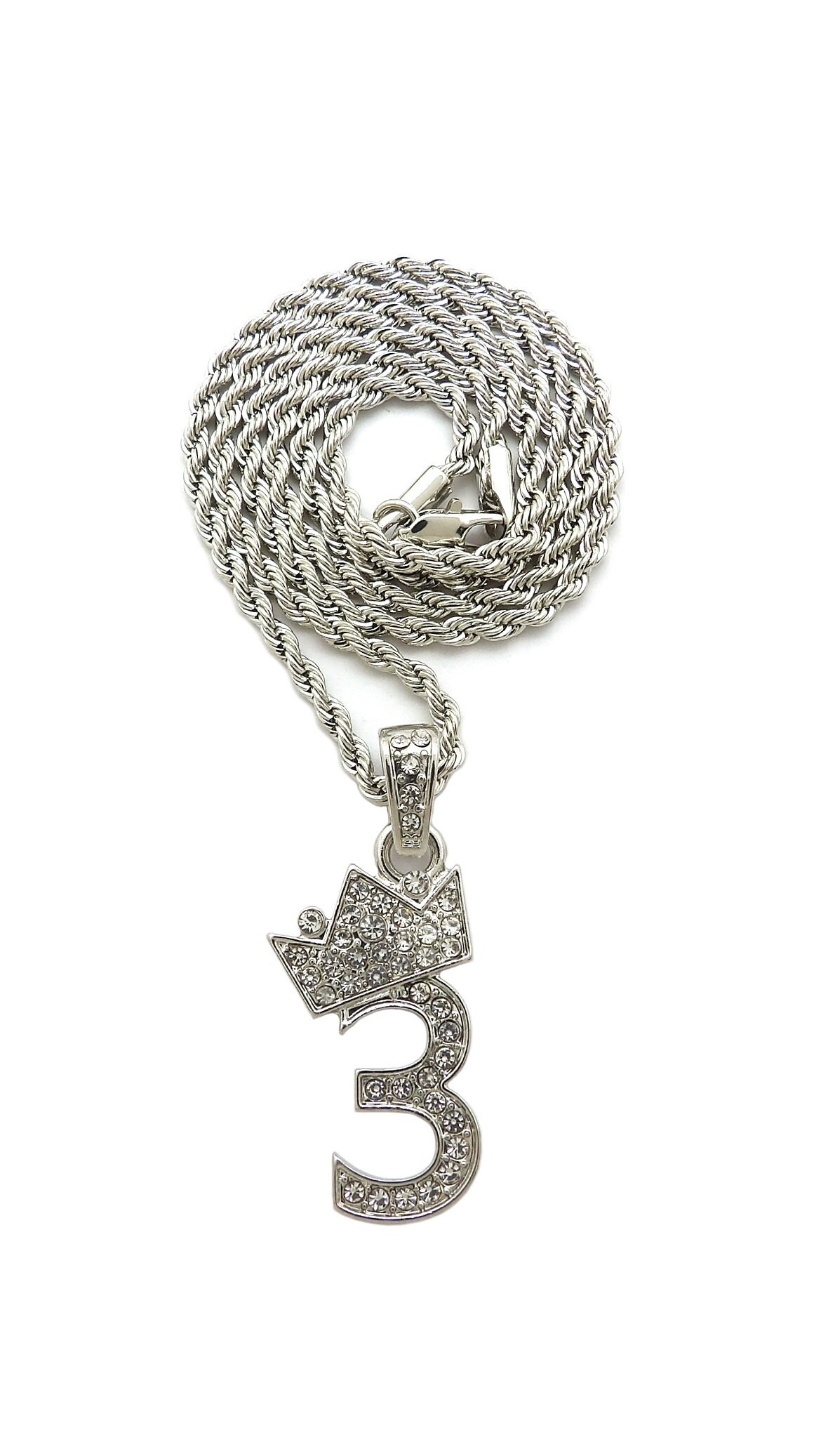 Ice Out Number 1 to 9 Crown Pendant 2mm/24" Rope Chain Fashion Necklace ...