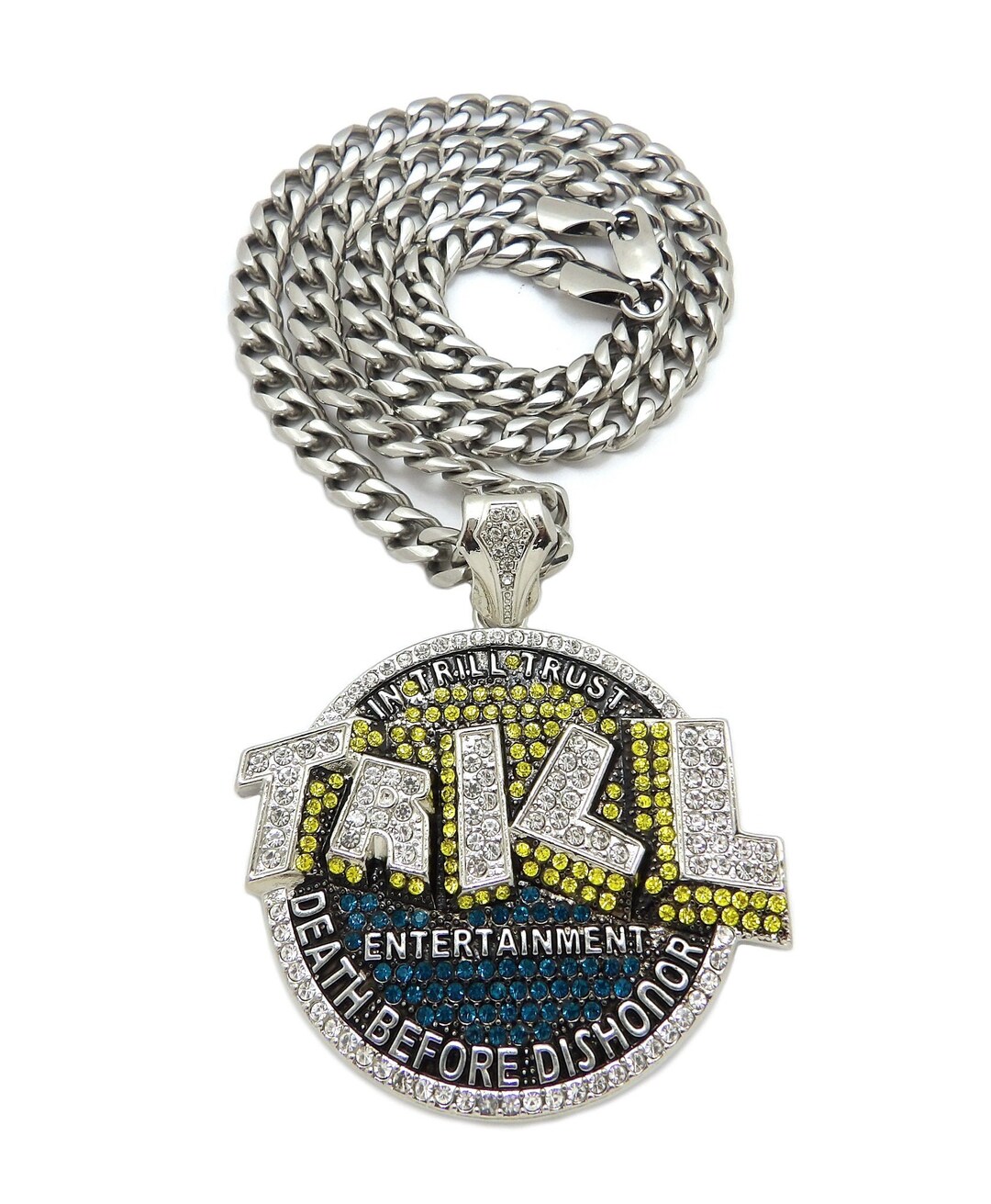 Iced Out Trill Ent Pendant 9mm/24",30" Stainless Steel Cuban Chain Hip ...