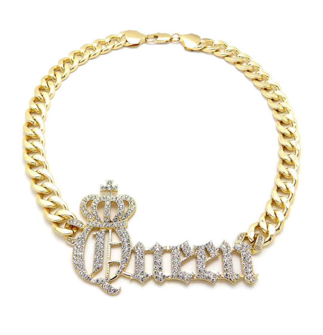 New Women's Fashion Iced Out Crown Queen Pendant 11mm/18" Cuban Chain ...