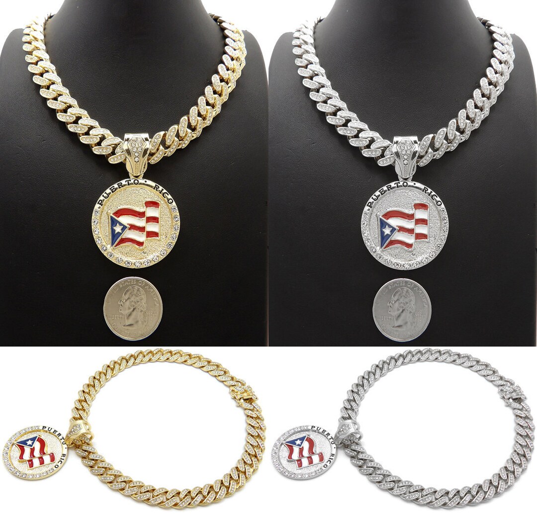 Iced Puerto Rico Flag Round Pendant 12mm/18" or 20" Box Lock Cuban ...