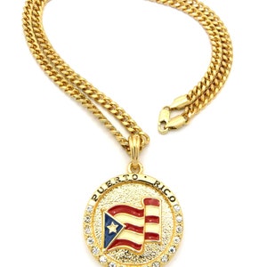 Iced Puerto Rico Map Round Pendant 24" Figaro, Cuban, Box Chain Fashion ...