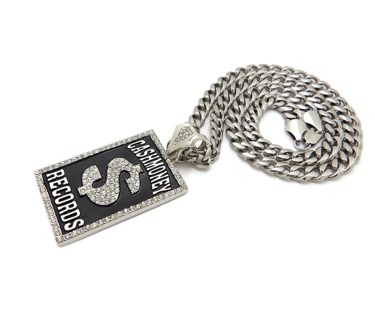 Iced Out Cash Money Records Pendant 9mm/24",30" Stainless Steel Cuban ...