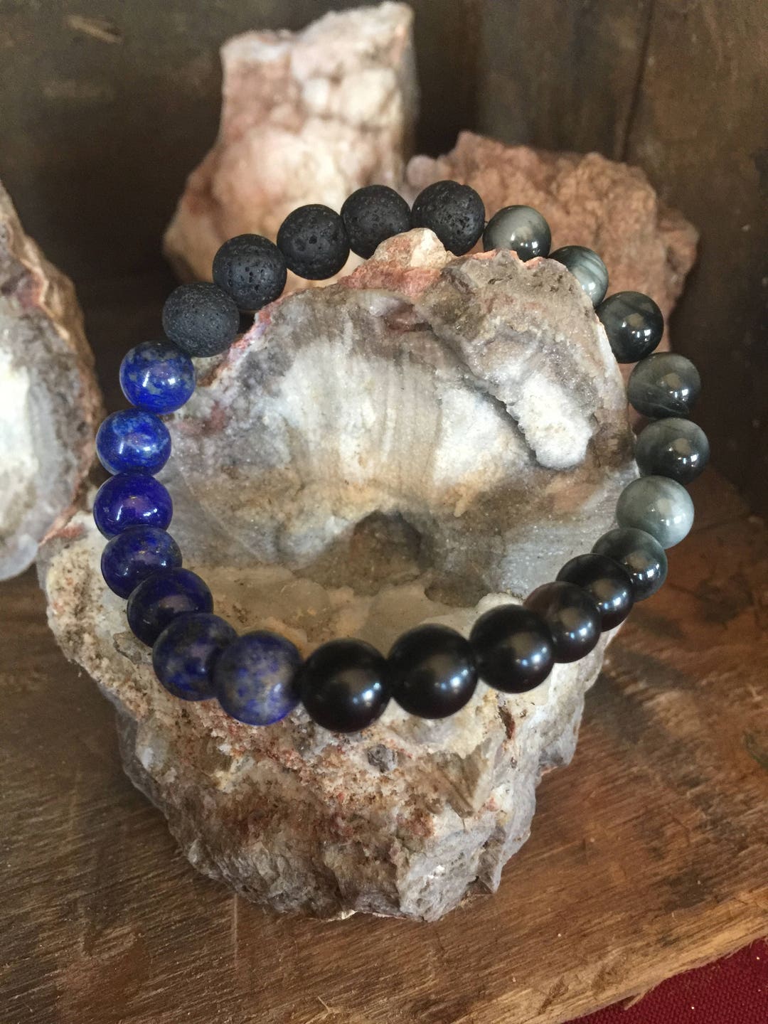 Strider, Lapis Lazuli, Black Tourmaline, Cat's Eye and Lava Beaded ...