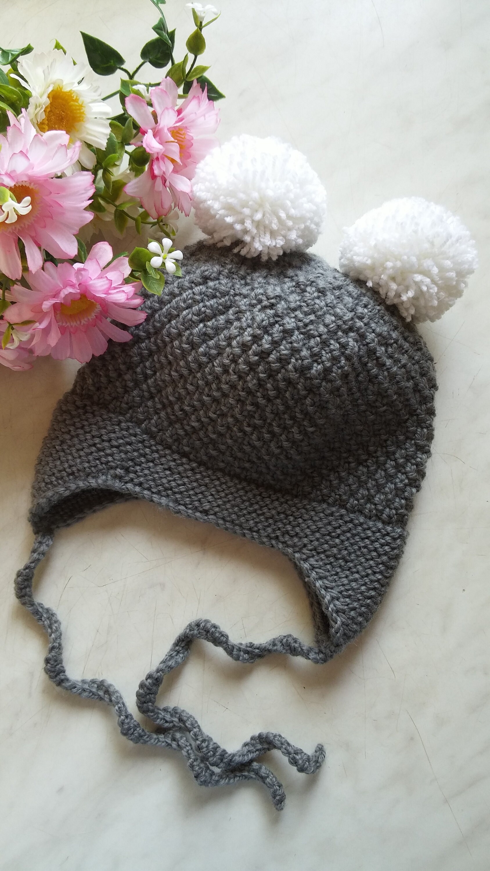 Warm Winter Baby Hat/ Knit Kids Beanie With Ear Flap/ Hand Made Pom Pom ...