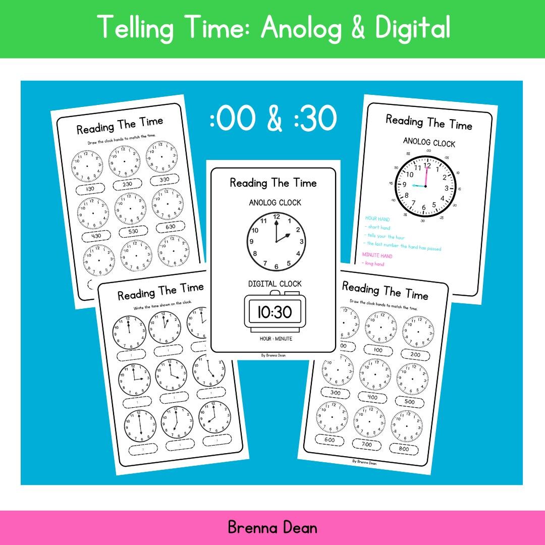 Telling Time Workbook, Analog and Digital, 00 & 30, Educational Packet ...